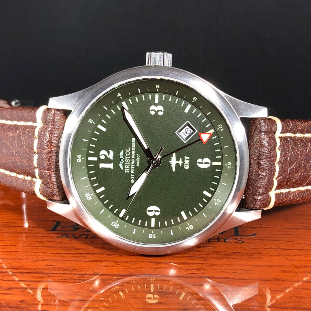 B-17 Tribute - Stainless Brush Finish, Dark Green Dial, Brown Leather ...