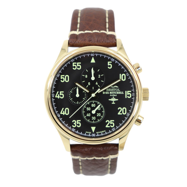 B-25 Mitchell Tribute - Gold Finish, Black Dial, Brown Leather Band wi ...